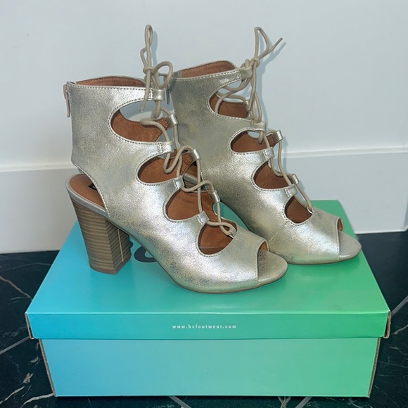 BC Footwear | Shoes | Bc Footwear Silver Laceup Heels With Chunky Heel ...